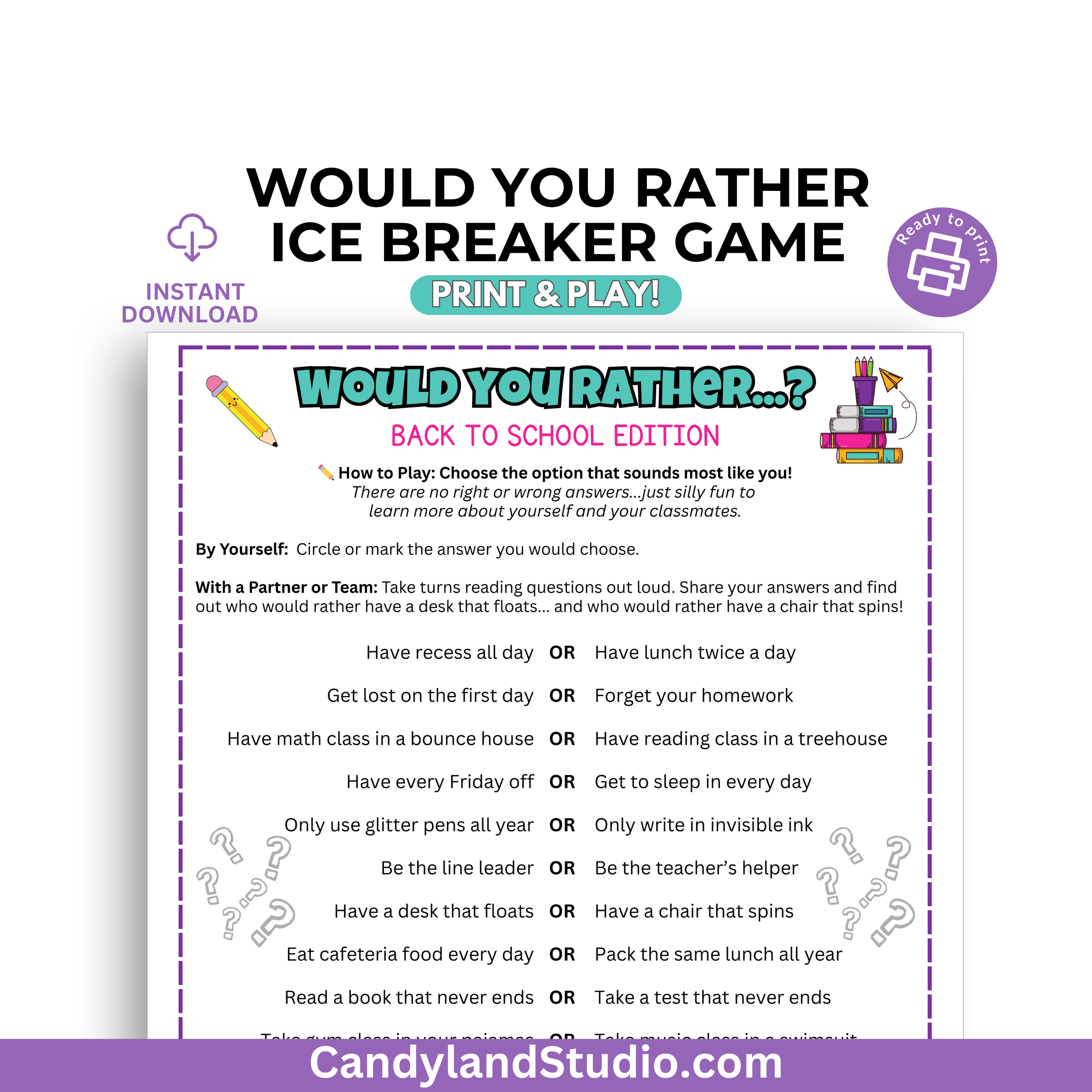 Back to School Icebreaker – Would You Rather Printable PDF for Kids Fun ...