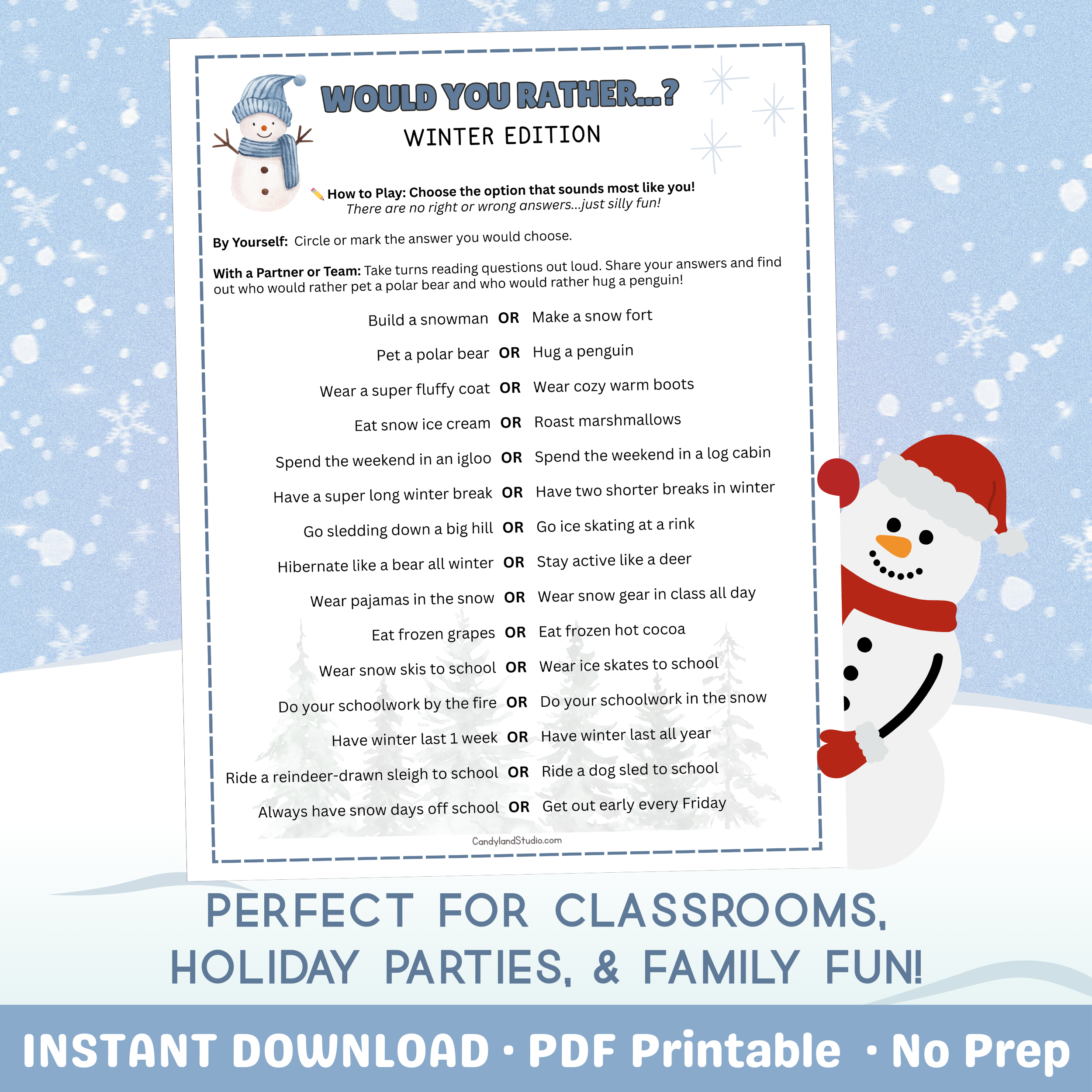 Winter Icebreaker Activity – Would You Rather Game Printable for Kids ...