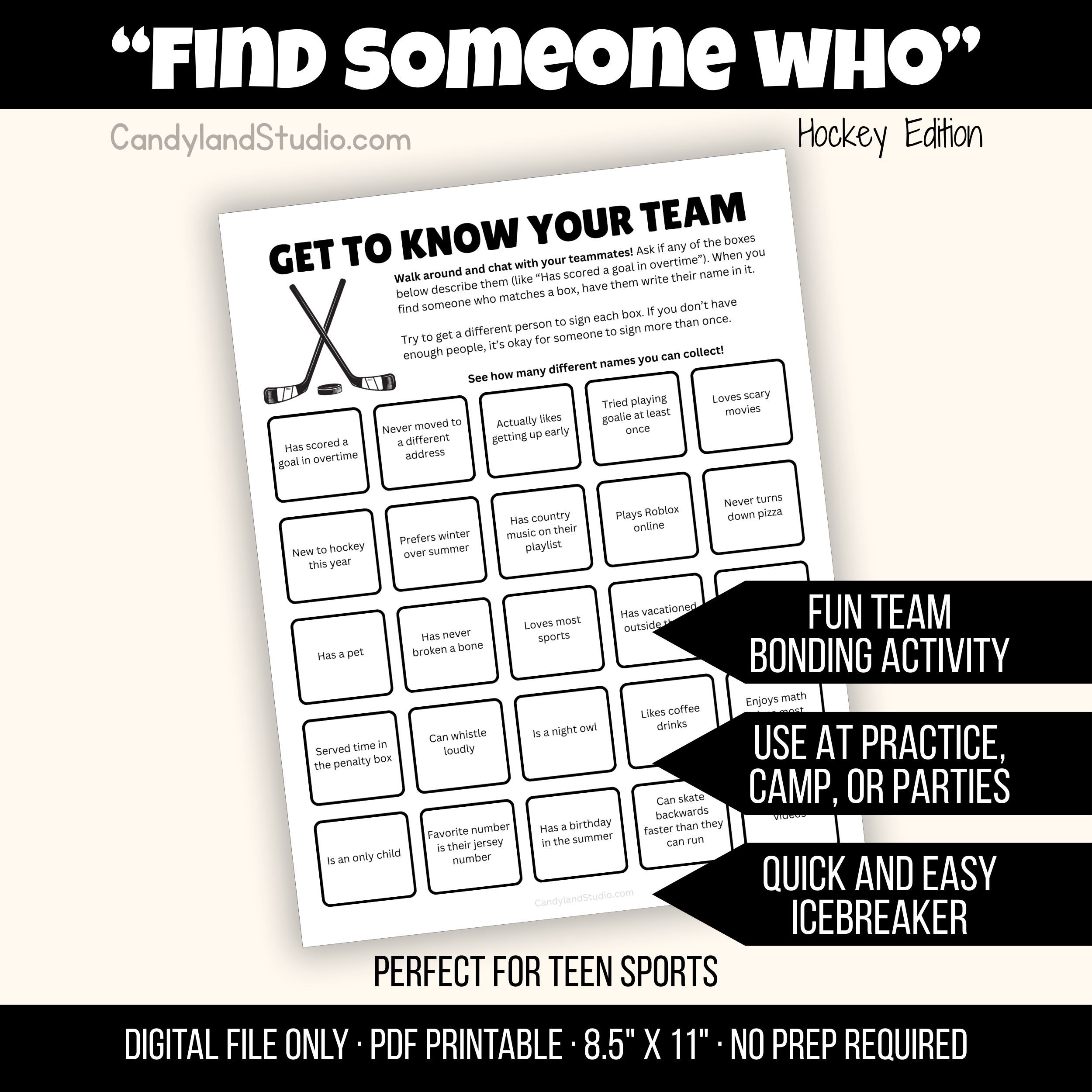 Hockey Team Activity - Find Someone Who Printable Icebreaker Game PDF ...