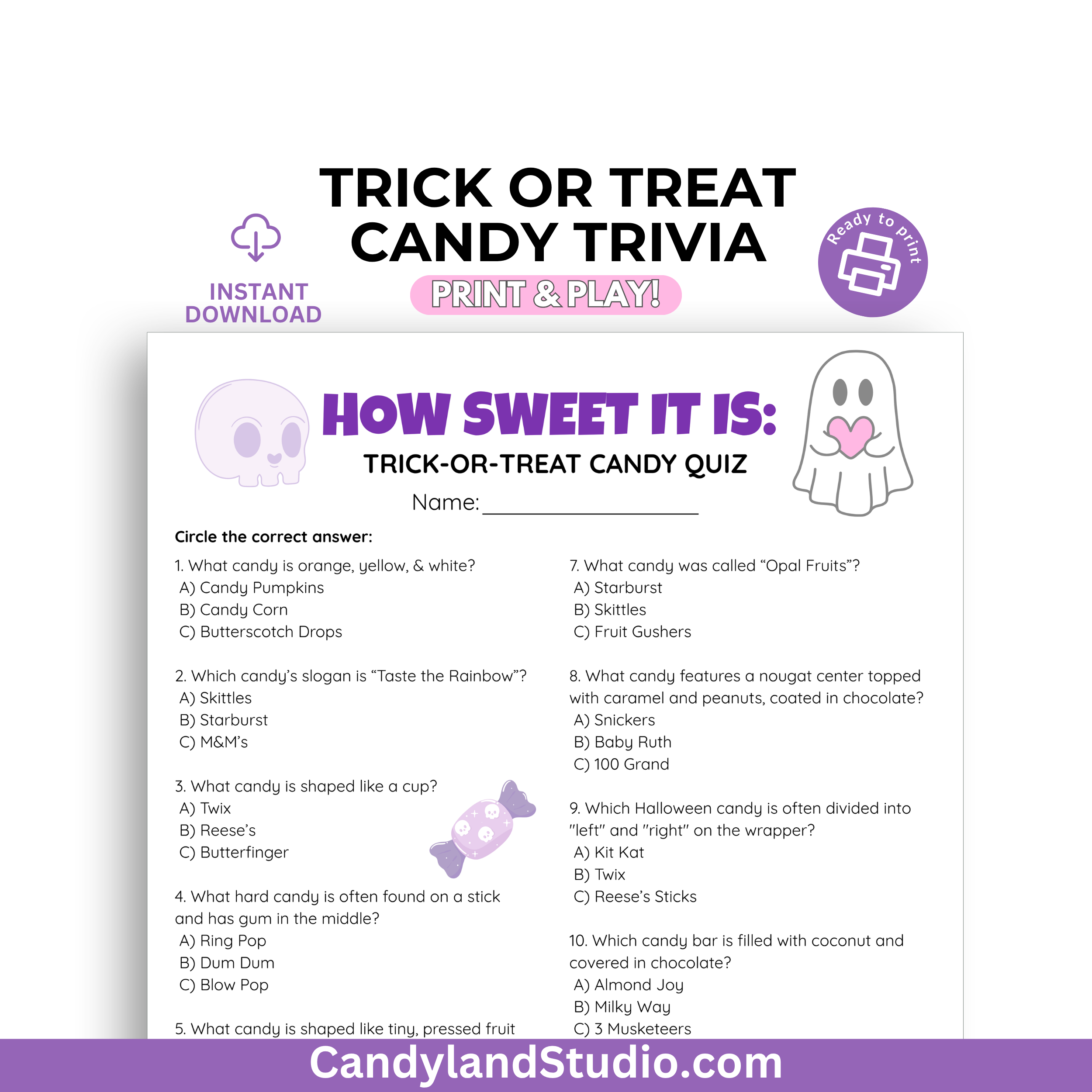 Halloween Trivia Game – Printable Candy Quiz PDF | Family & Classroom ...