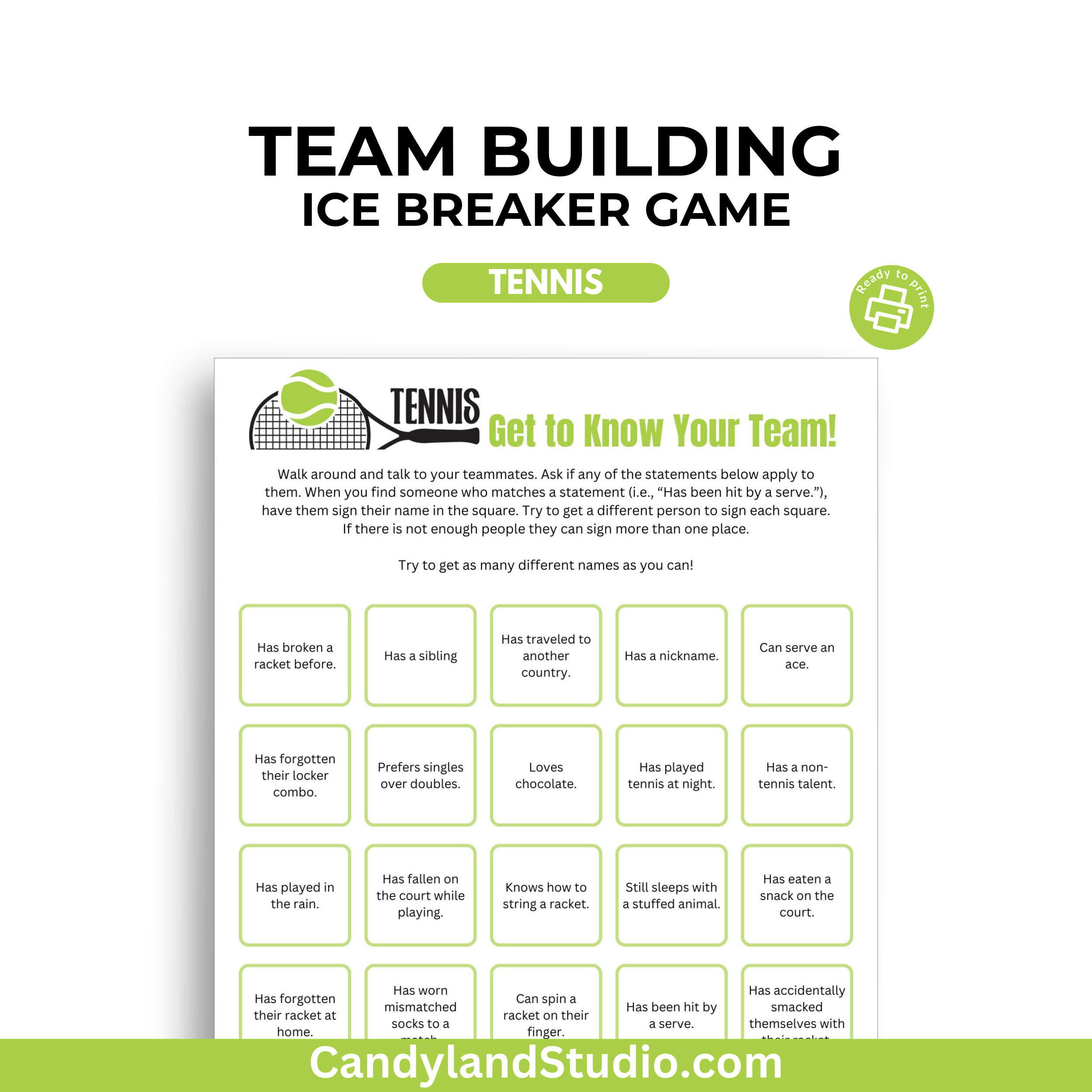 Tennis Ice Breaker Game - Printable Team Building Activity for Player ...