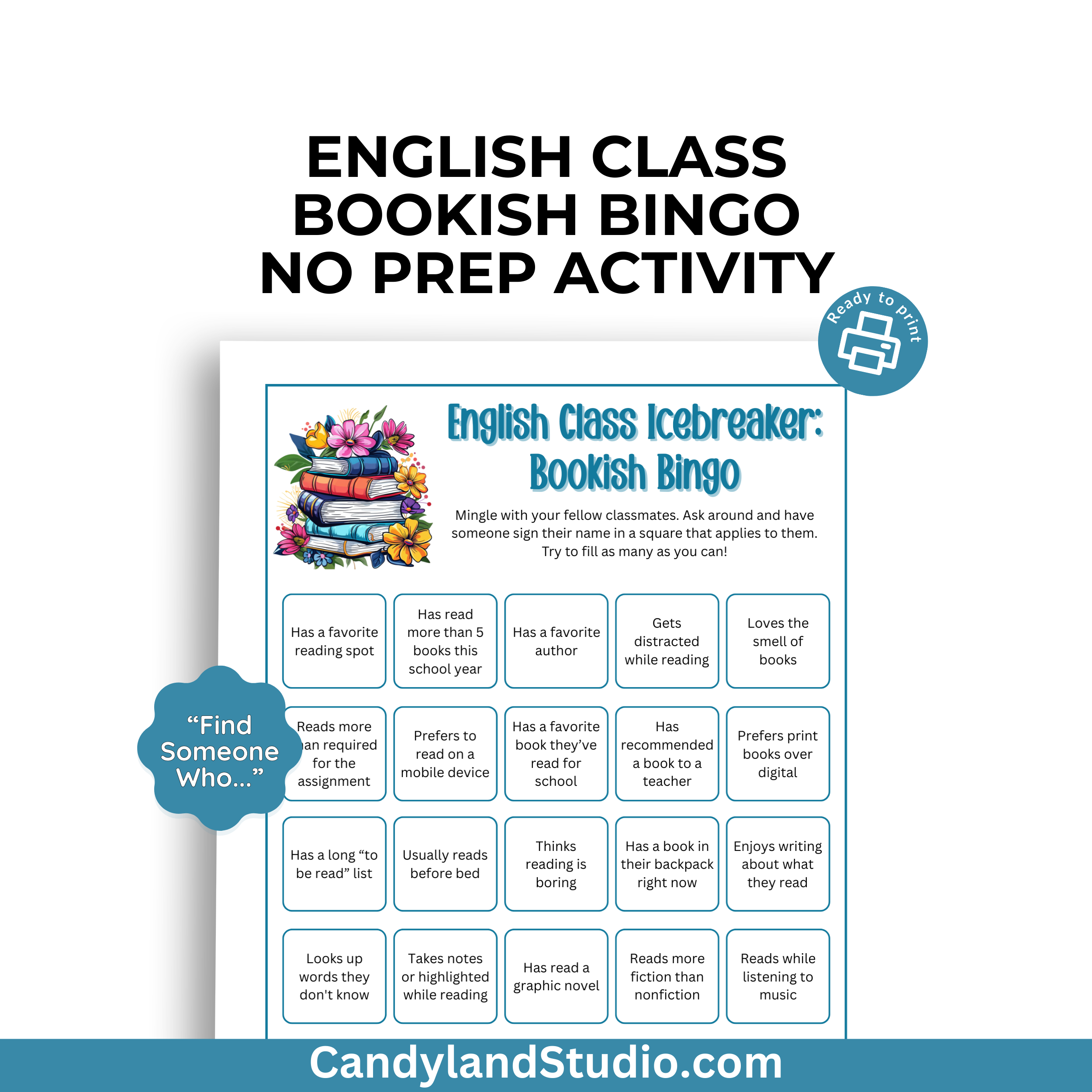 Bookish Bingo Game - English Class Icebreaker Printable Classroom ...