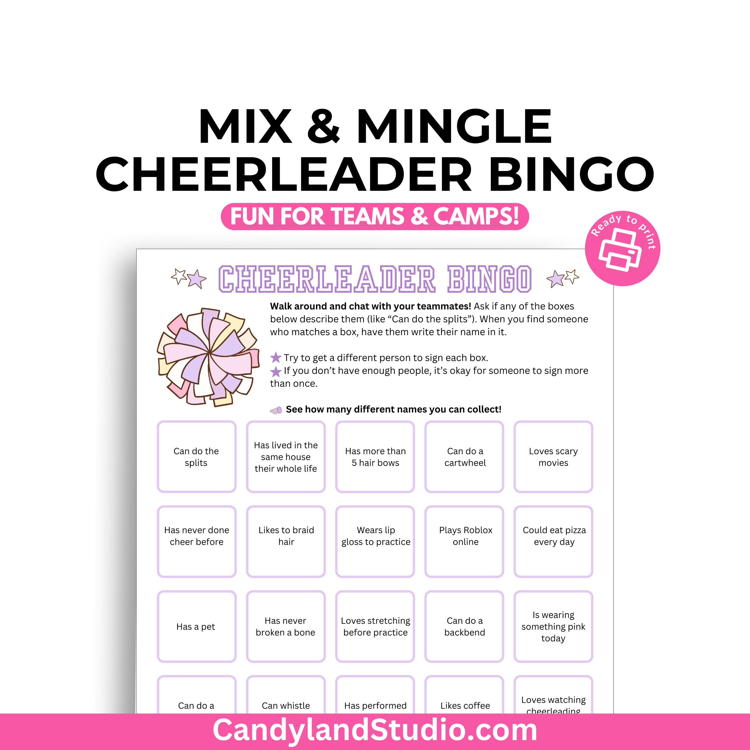 Cheerleader Bingo Game - Printable Team Building Ice Breaker for Squad ...