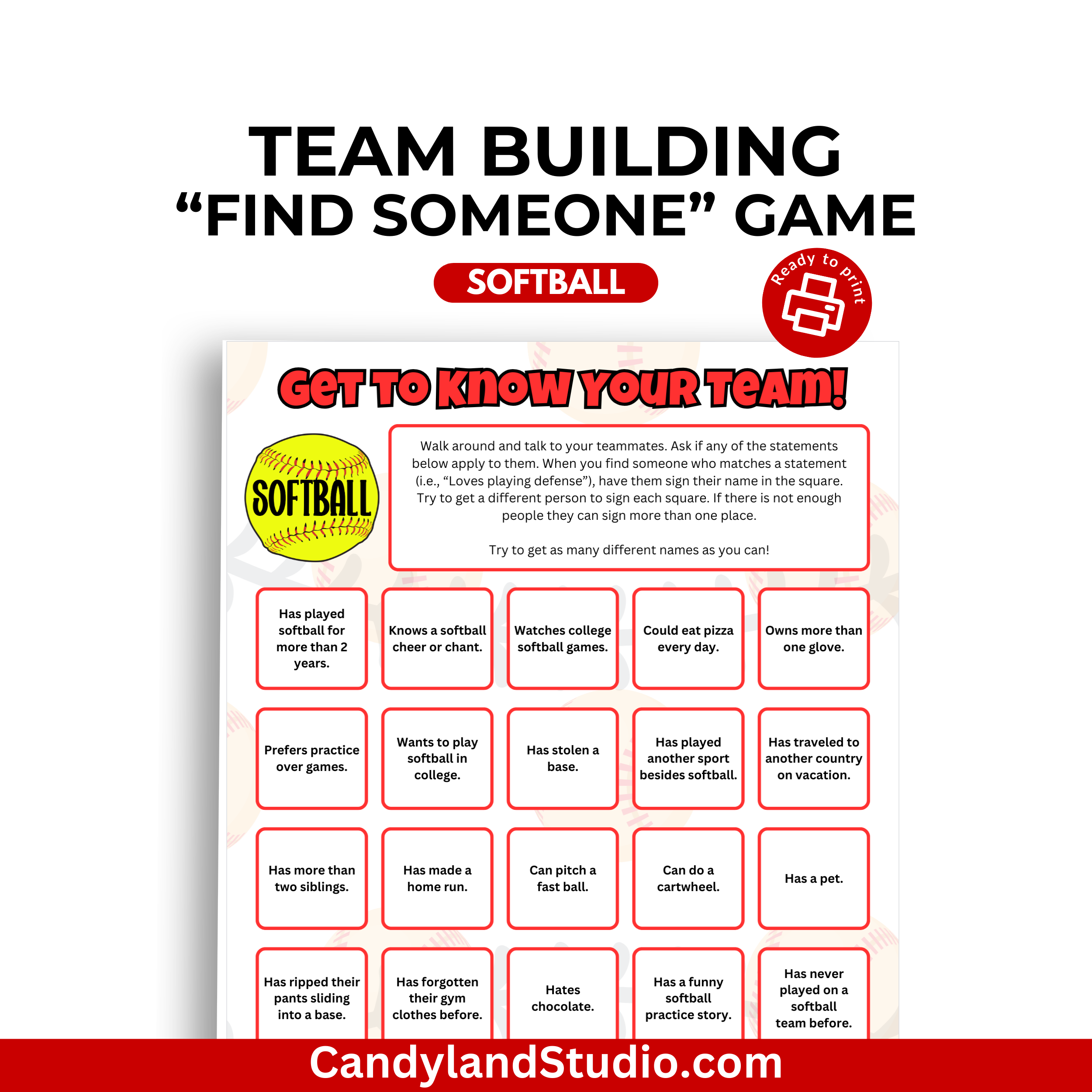 Softball Team Bonding | Printable Team Chemistry Builder & Mixer ...
