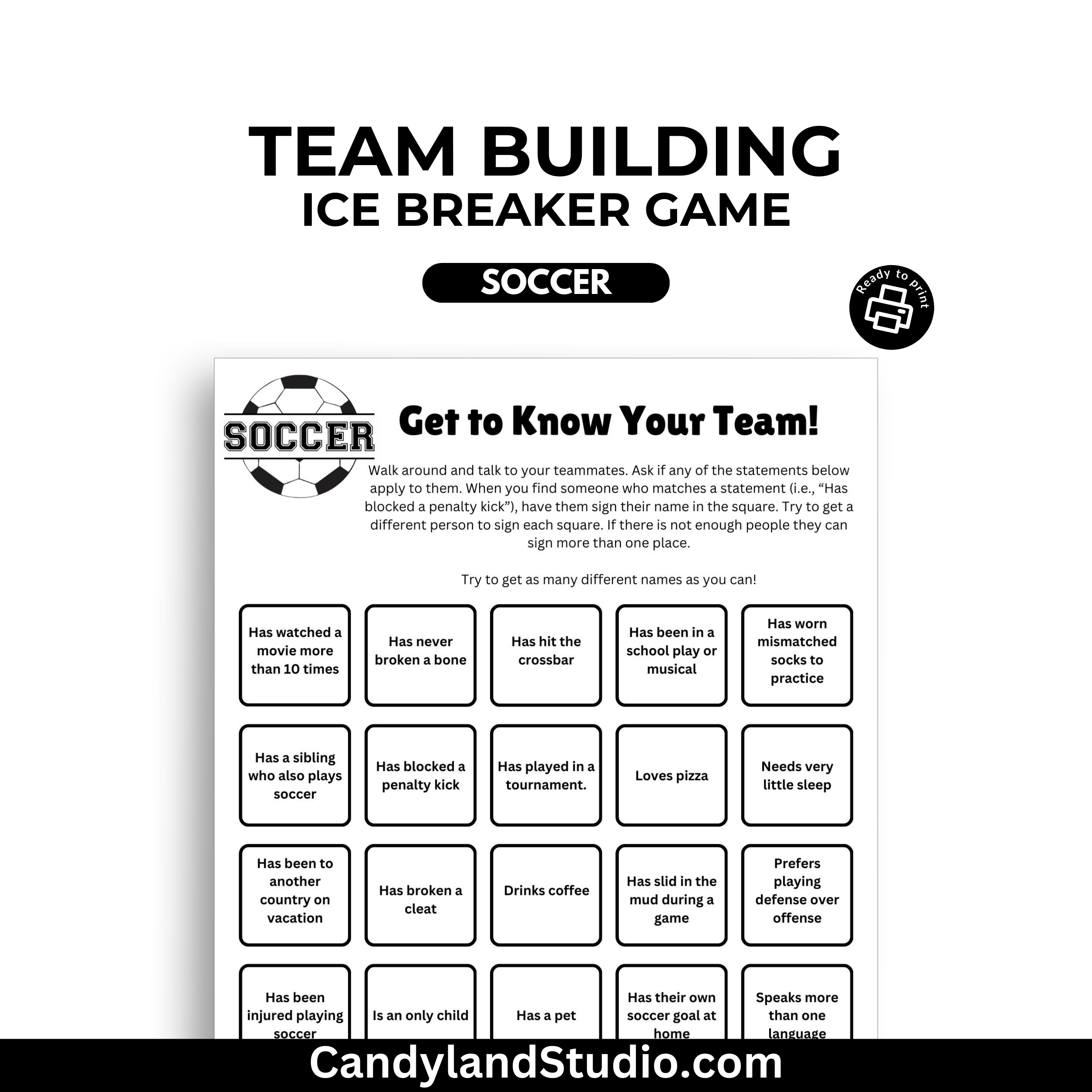 Soccer Icebreaker Game - Printable Team Building Activity for Player ...