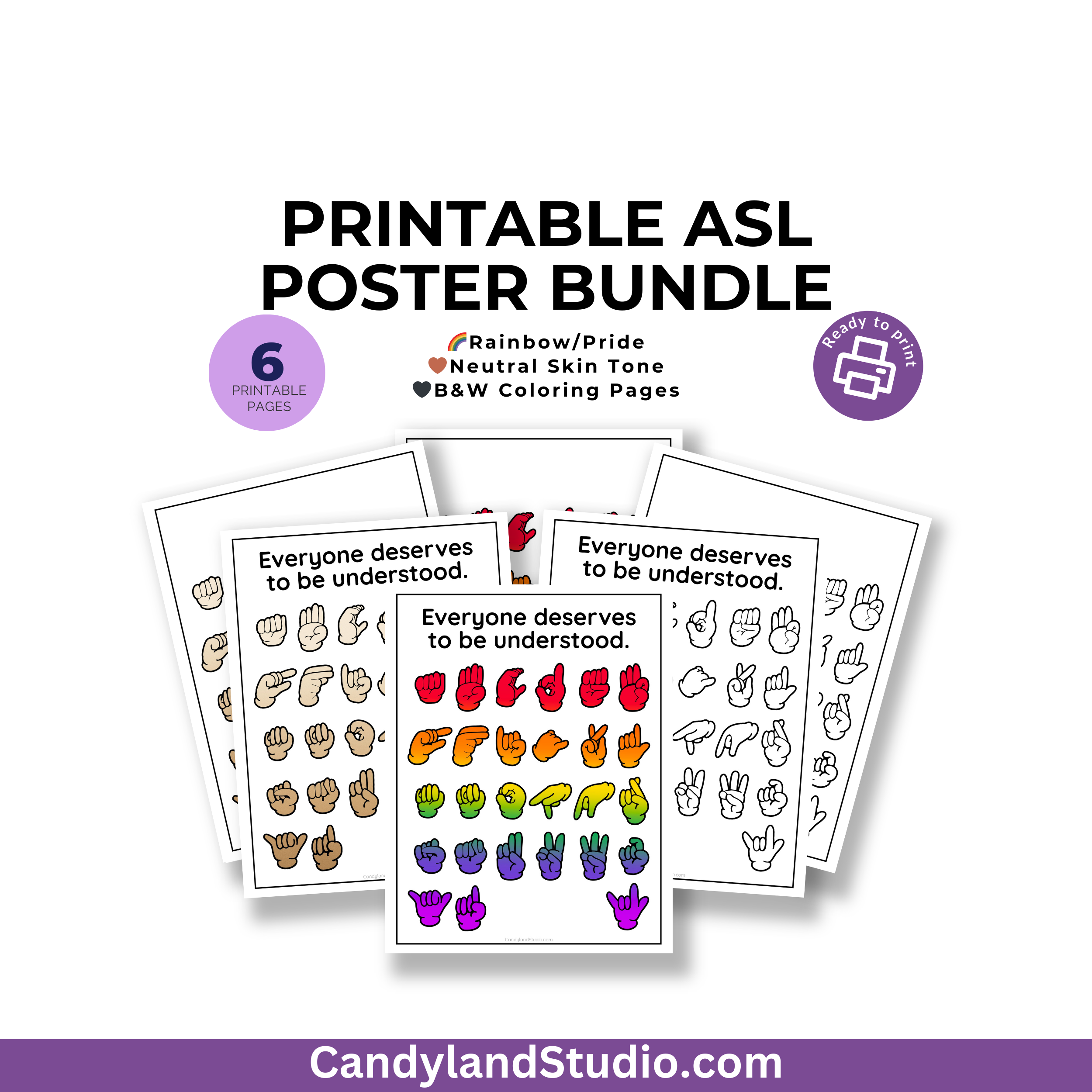 ASL Alphabet Poster - Printable Rainbow, Neutral & Black and White ...