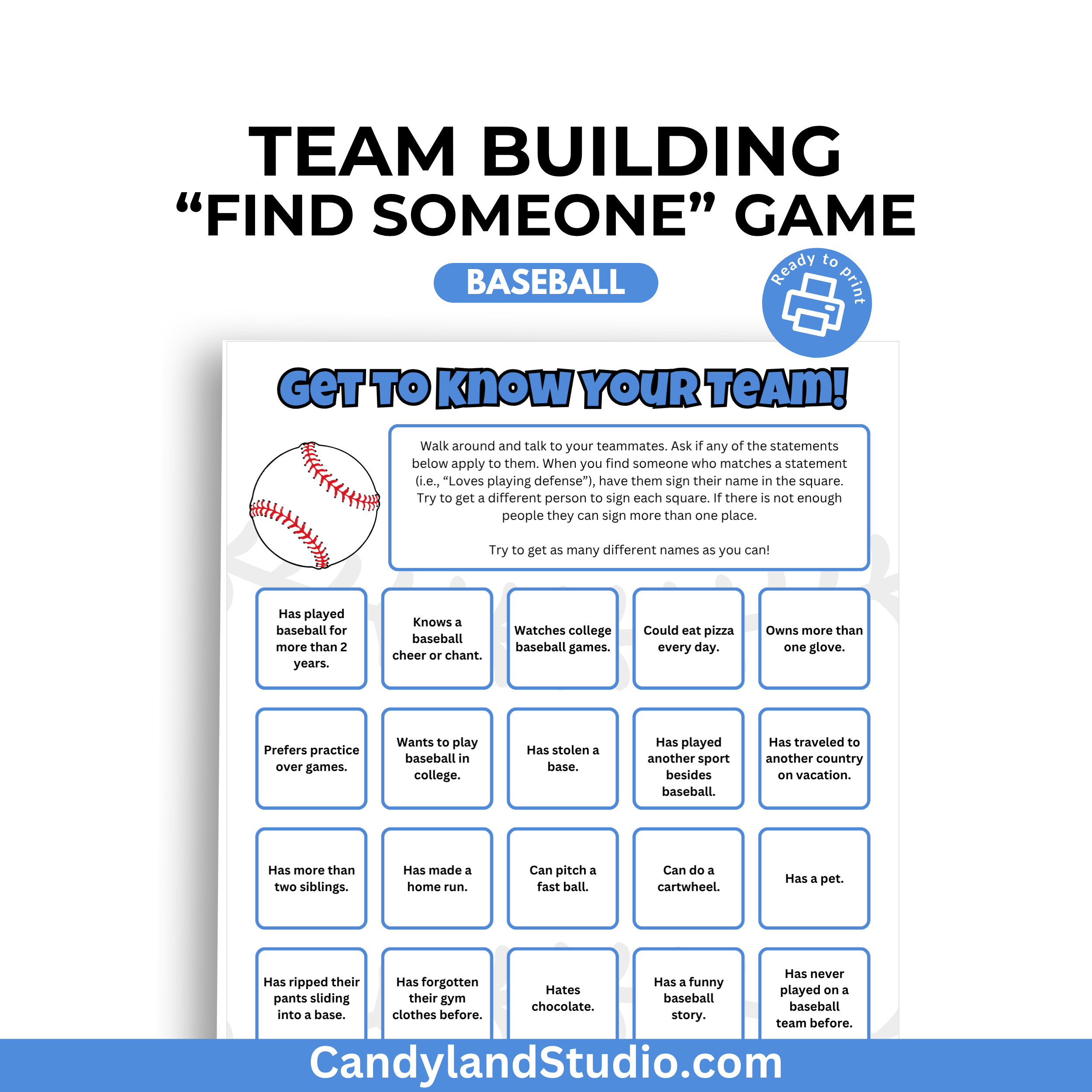 Baseball Team Game – Printable Mixer Activity for Team Building ...