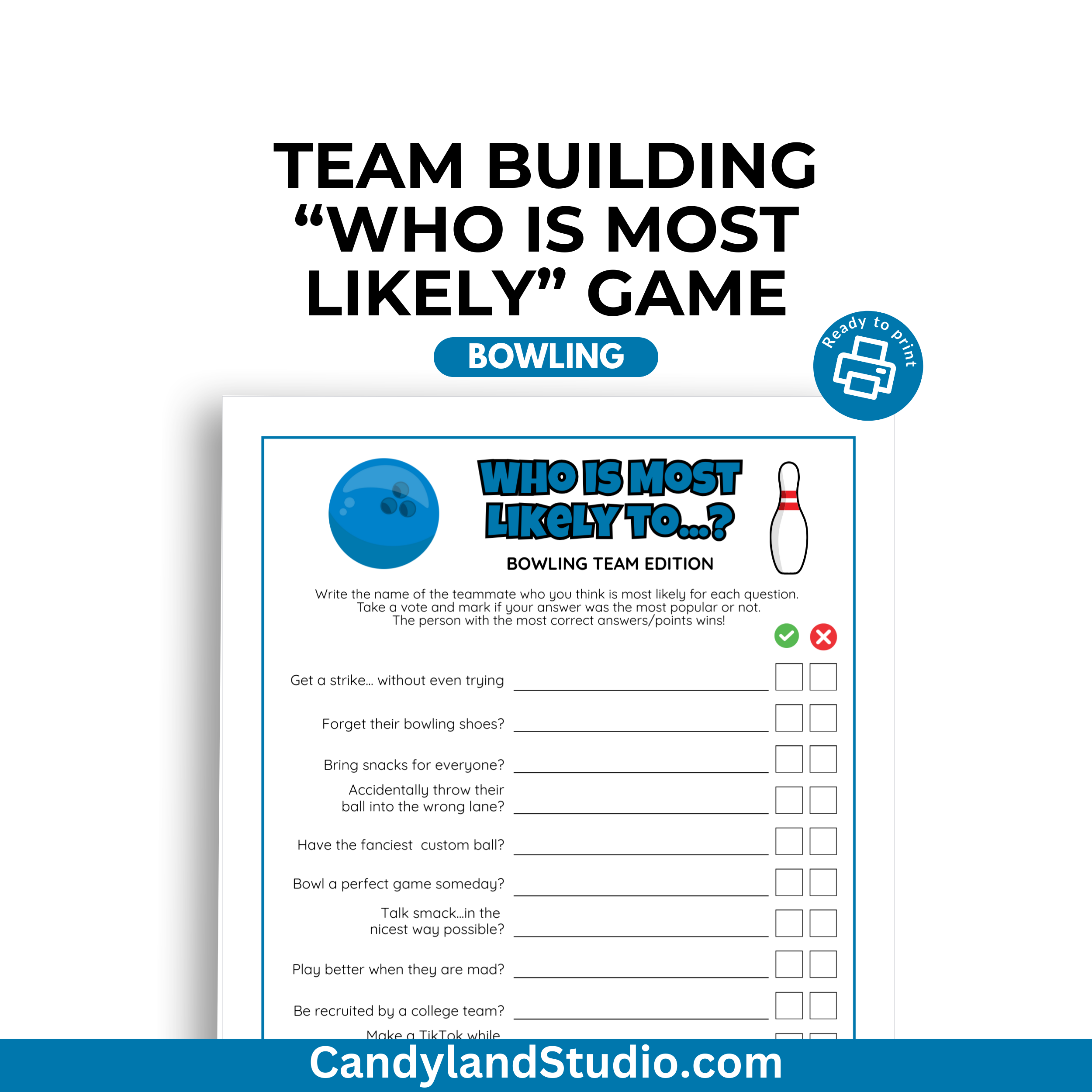 Bowling Who is Most Likely Team Building Game – Candyland Studio