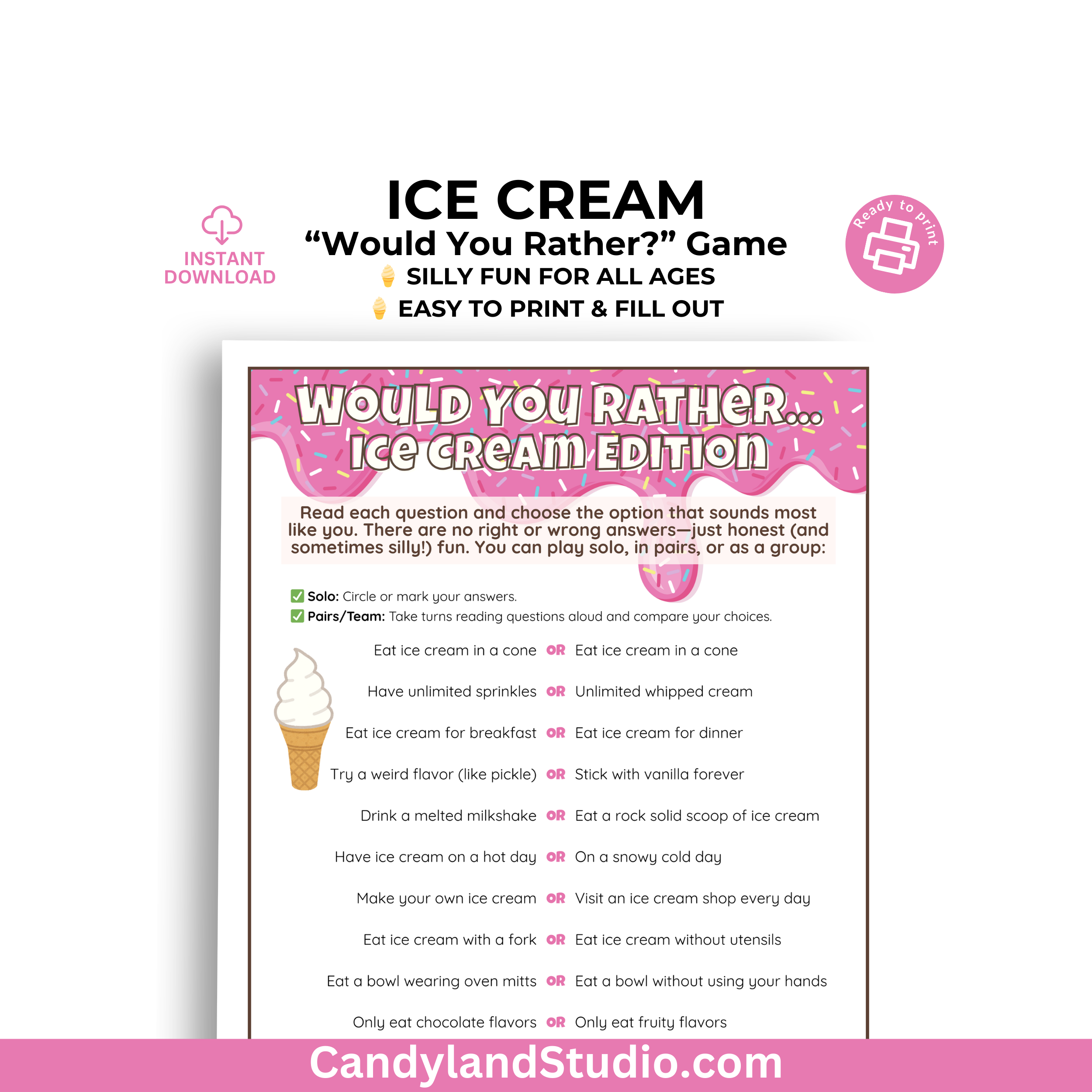Ice Cream Would You Rather Printable Party Game – Fun Summer Activity ...