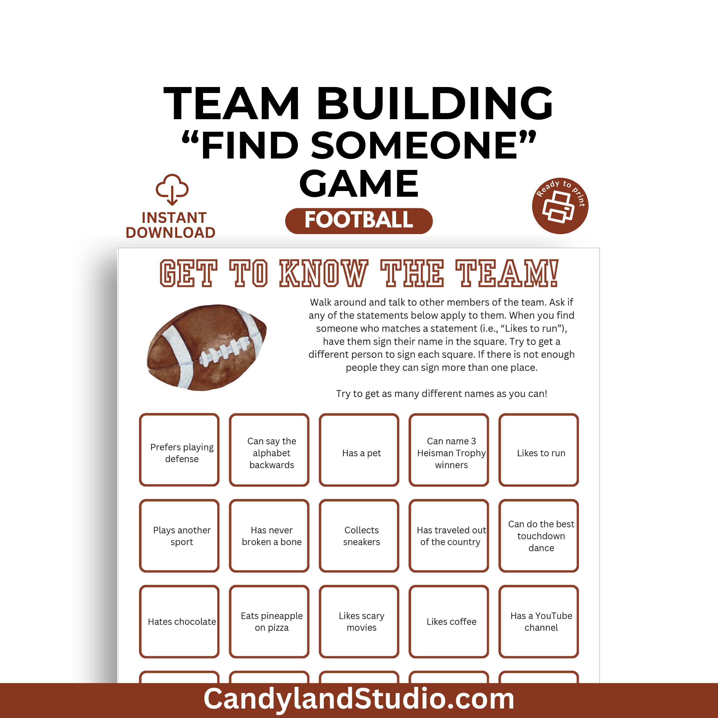 Football Team Building Game - Printable Ice Breaker for Team Bonding ...