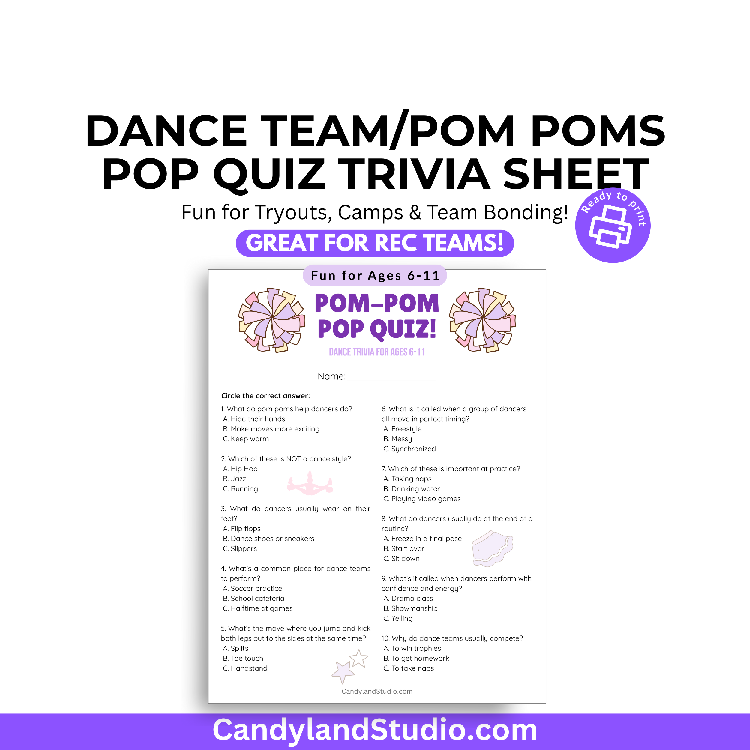Dance Trivia Game – Printable Quiz for Kids | Pom-Pom Pop Quiz PDF ...