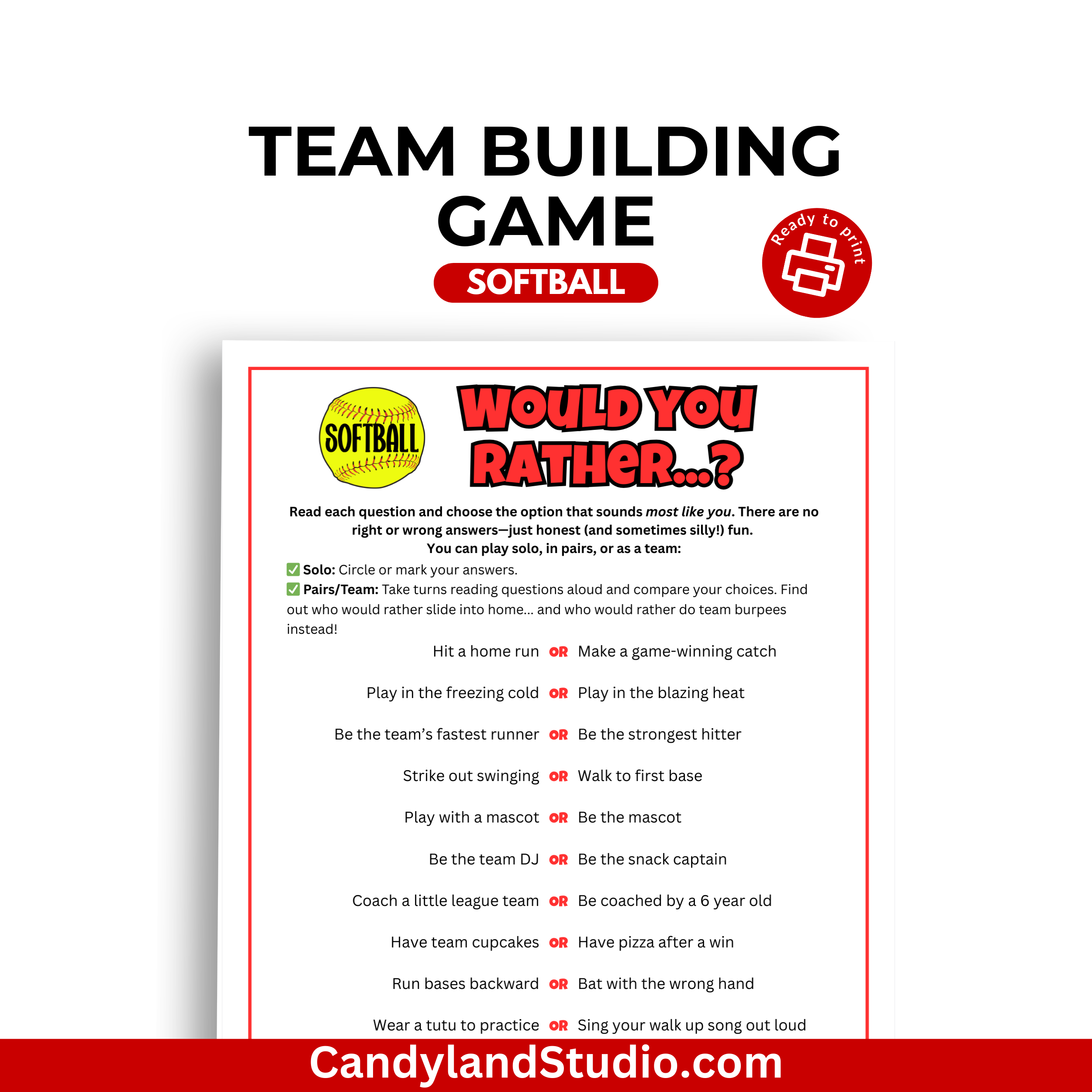 Softball Team Bonding Printable Game – Would You Rather PDF Activity ...
