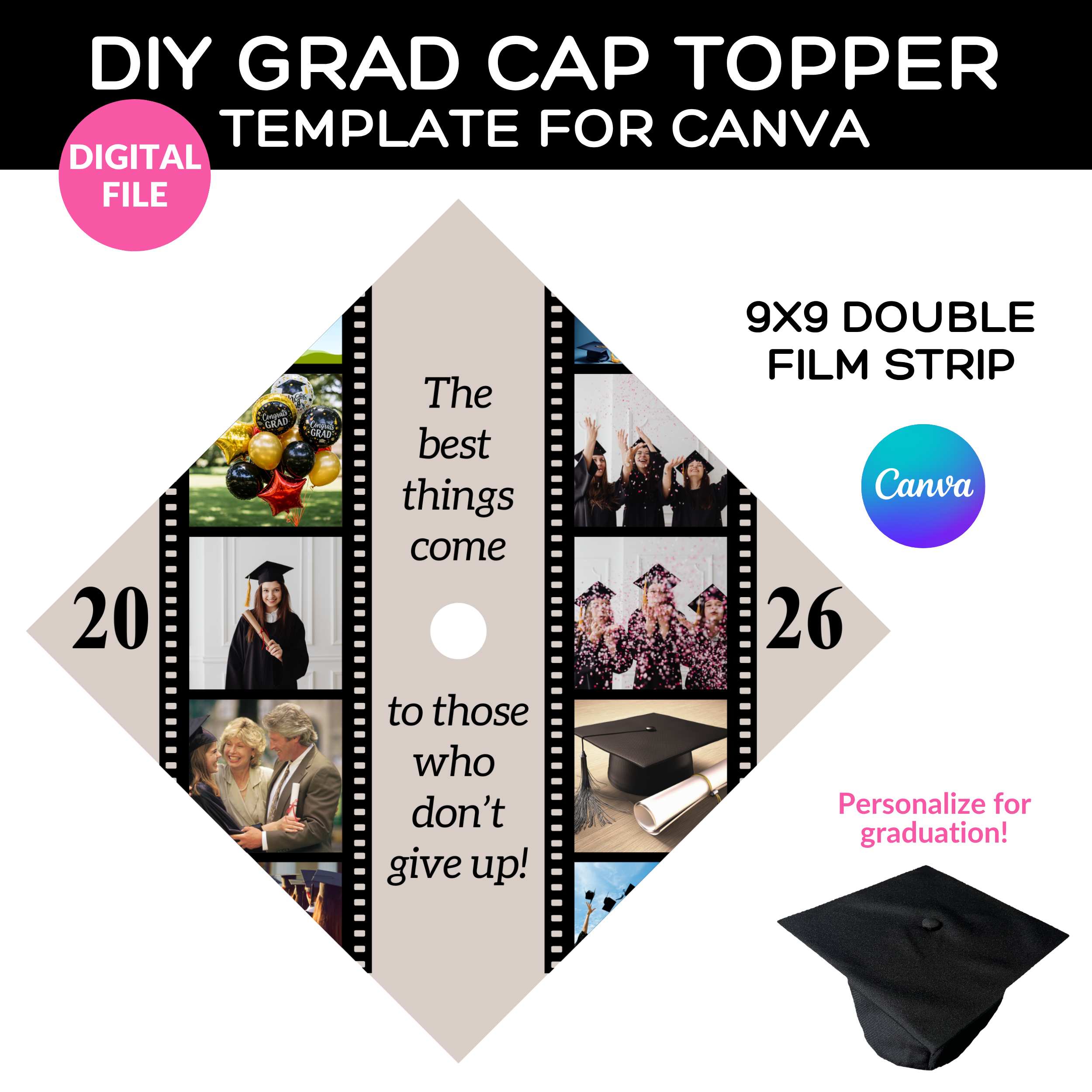 Graduation Cap Topper Template for Canva | 9x9 Double Filmstrip ...