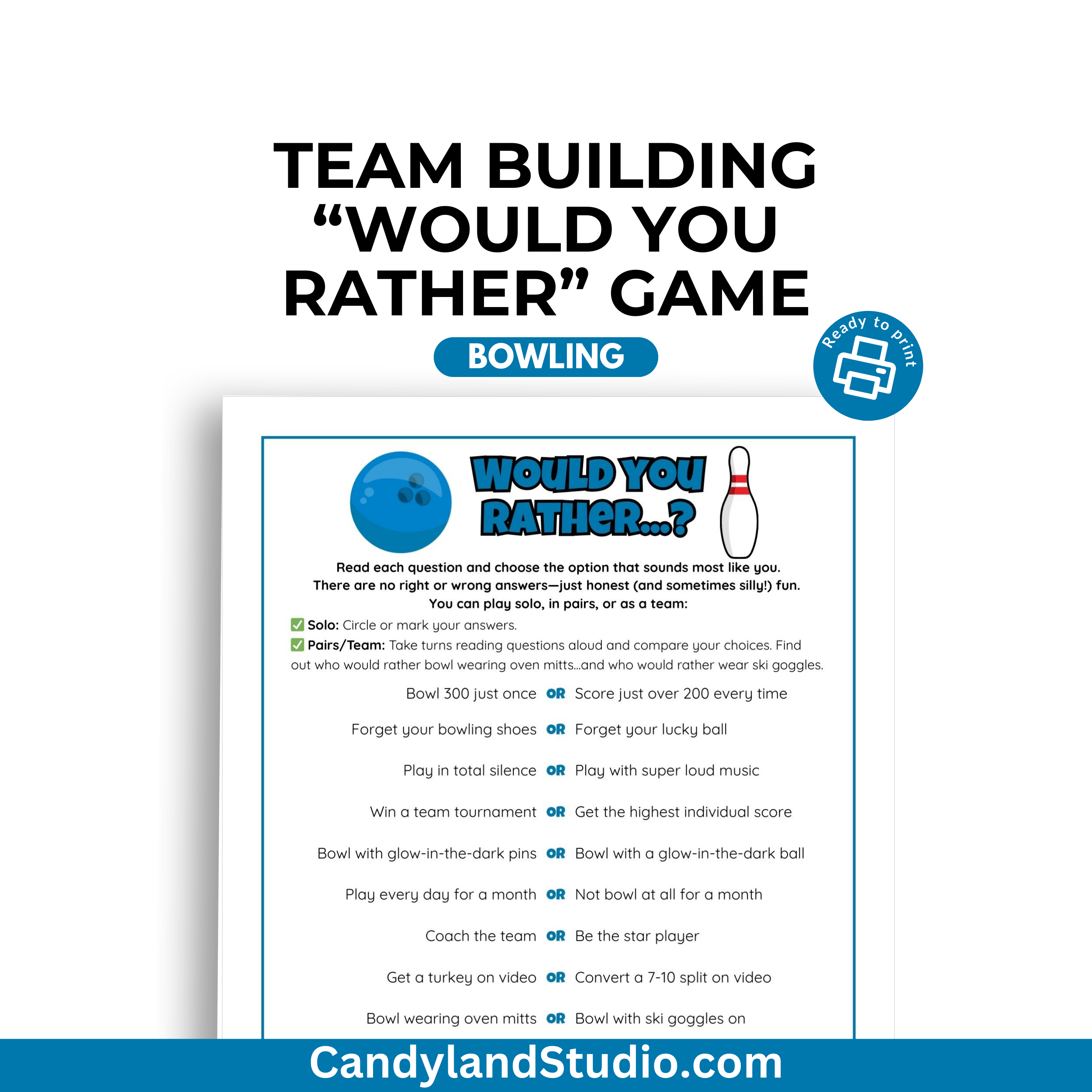 Bowling Team Building Game - Printable PDF With Fun Would You Rather ...