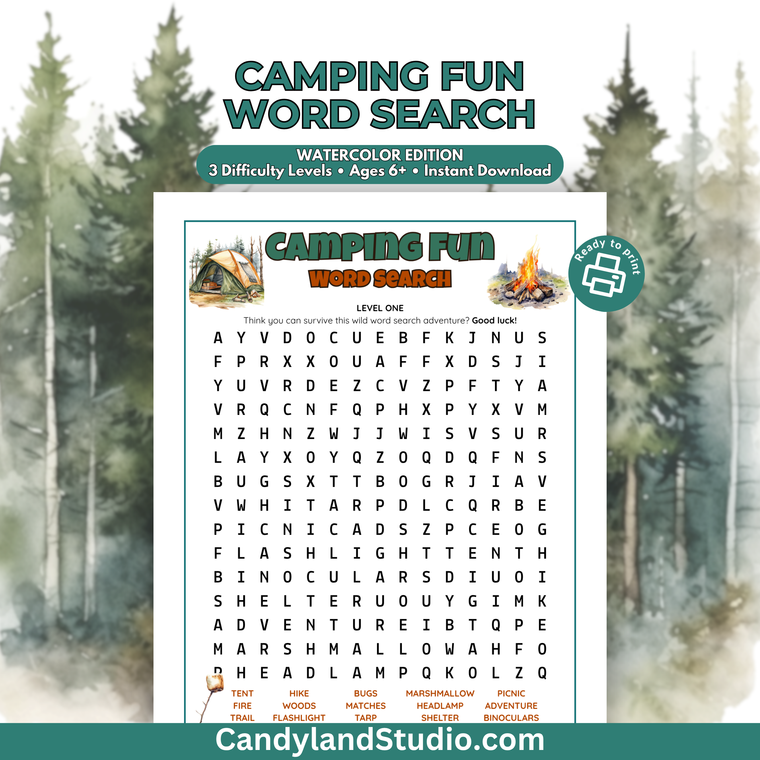Camping Word Search Printable – Watercolor Nature Style (3 Difficulty ...