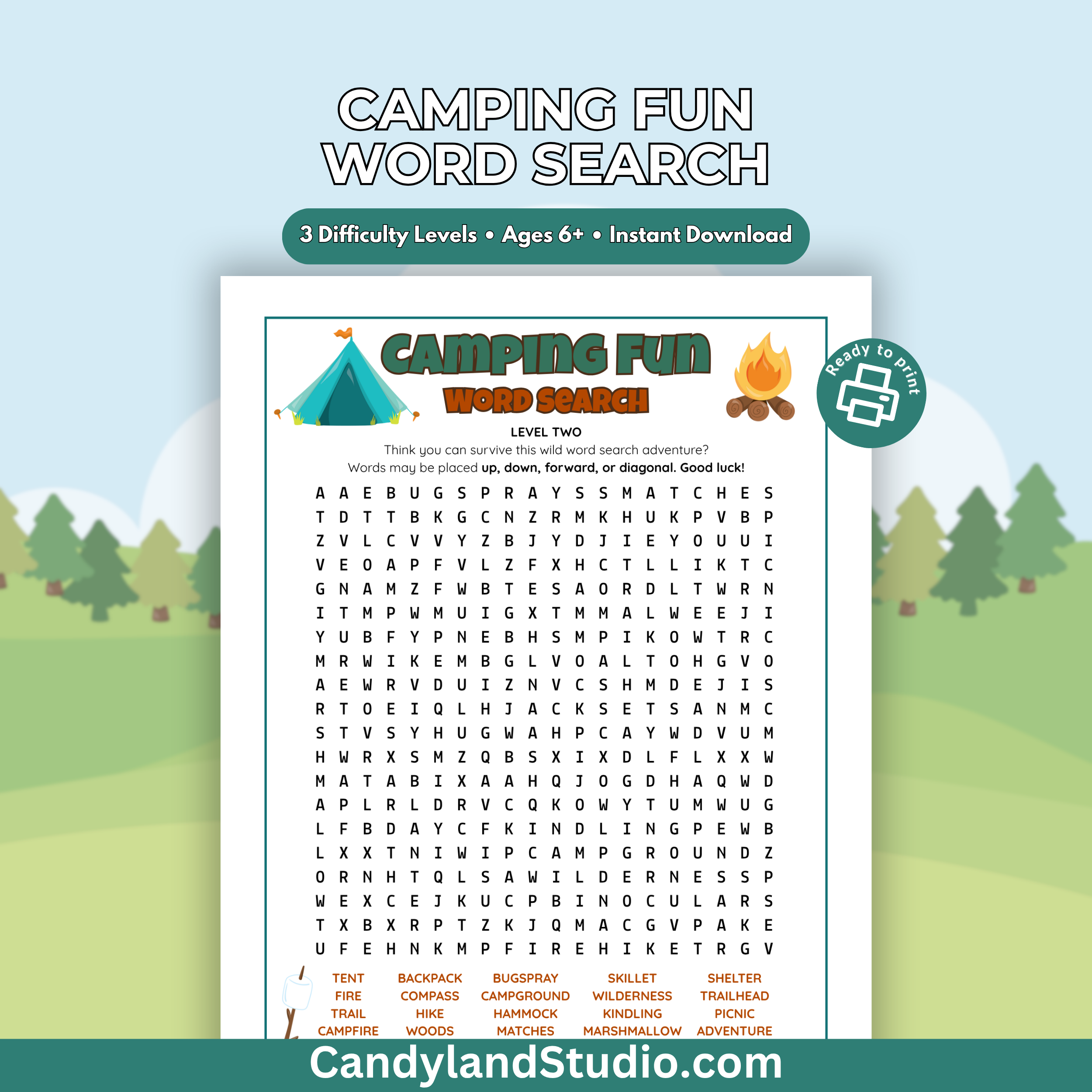 Camping Word Search Printable – 3 Level Puzzles with Clipart Style Fun ...