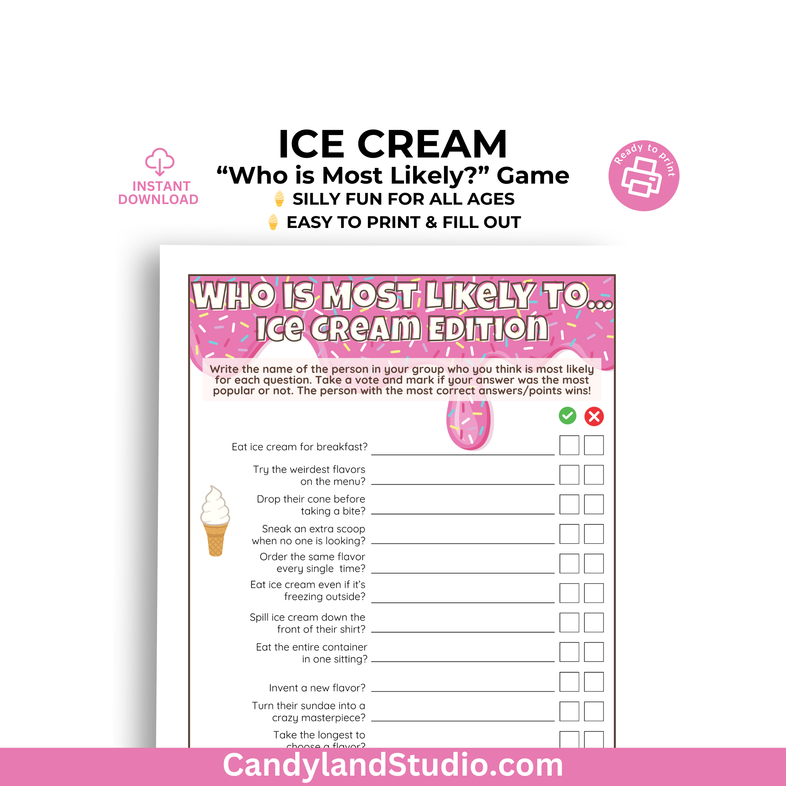 Ice Cream Game - Who Is Most Likely Printable PDF | Summer Party Fun ...