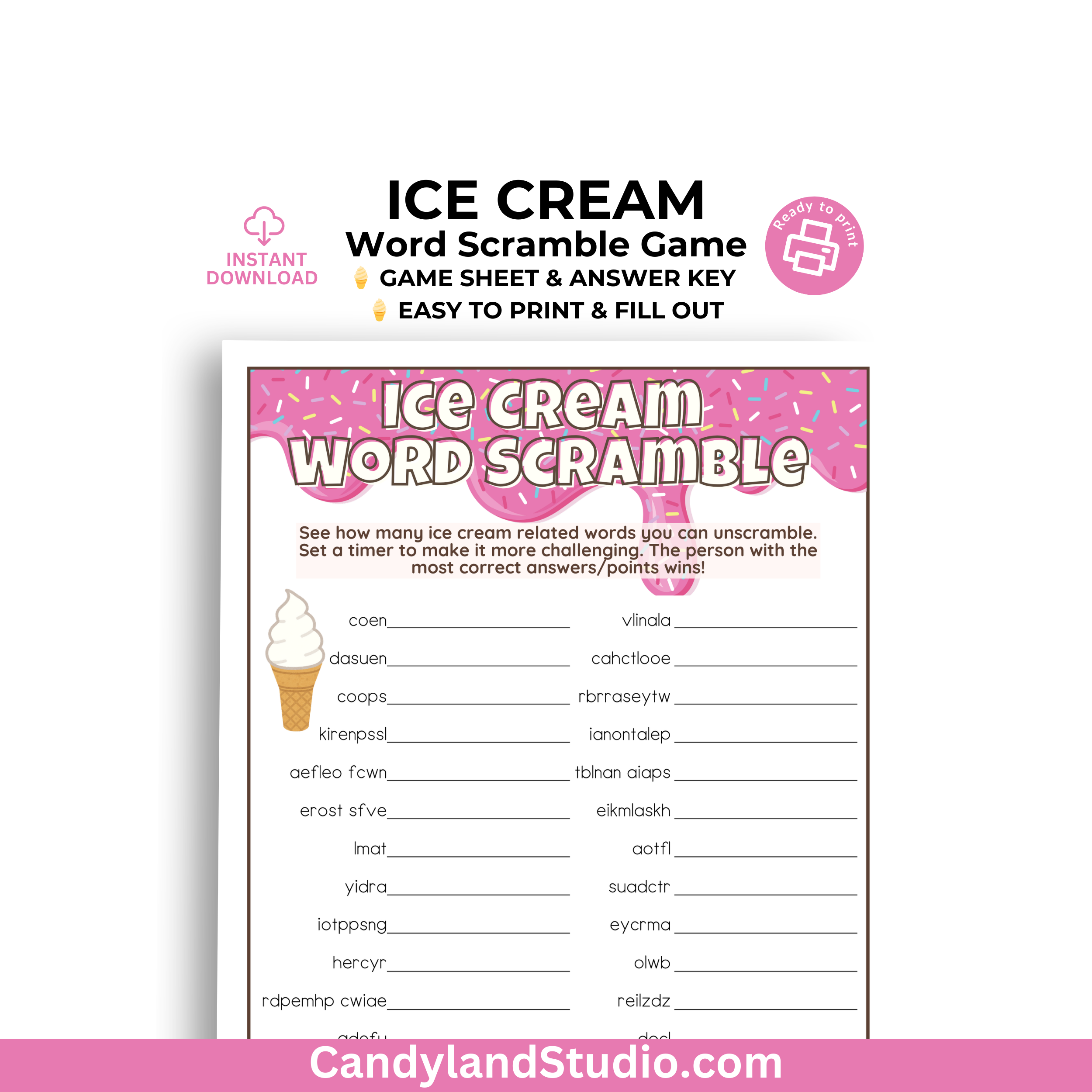 Ice Cream Word Scramble – Printable Word Game for Summer Party Fun ...