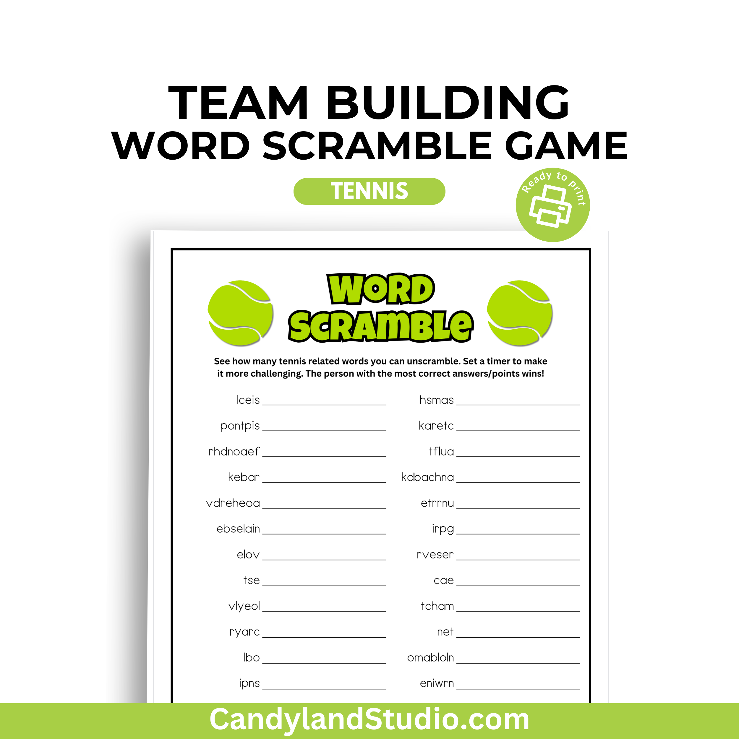 Tennis Team Word Scramble Game – Candyland Studio
