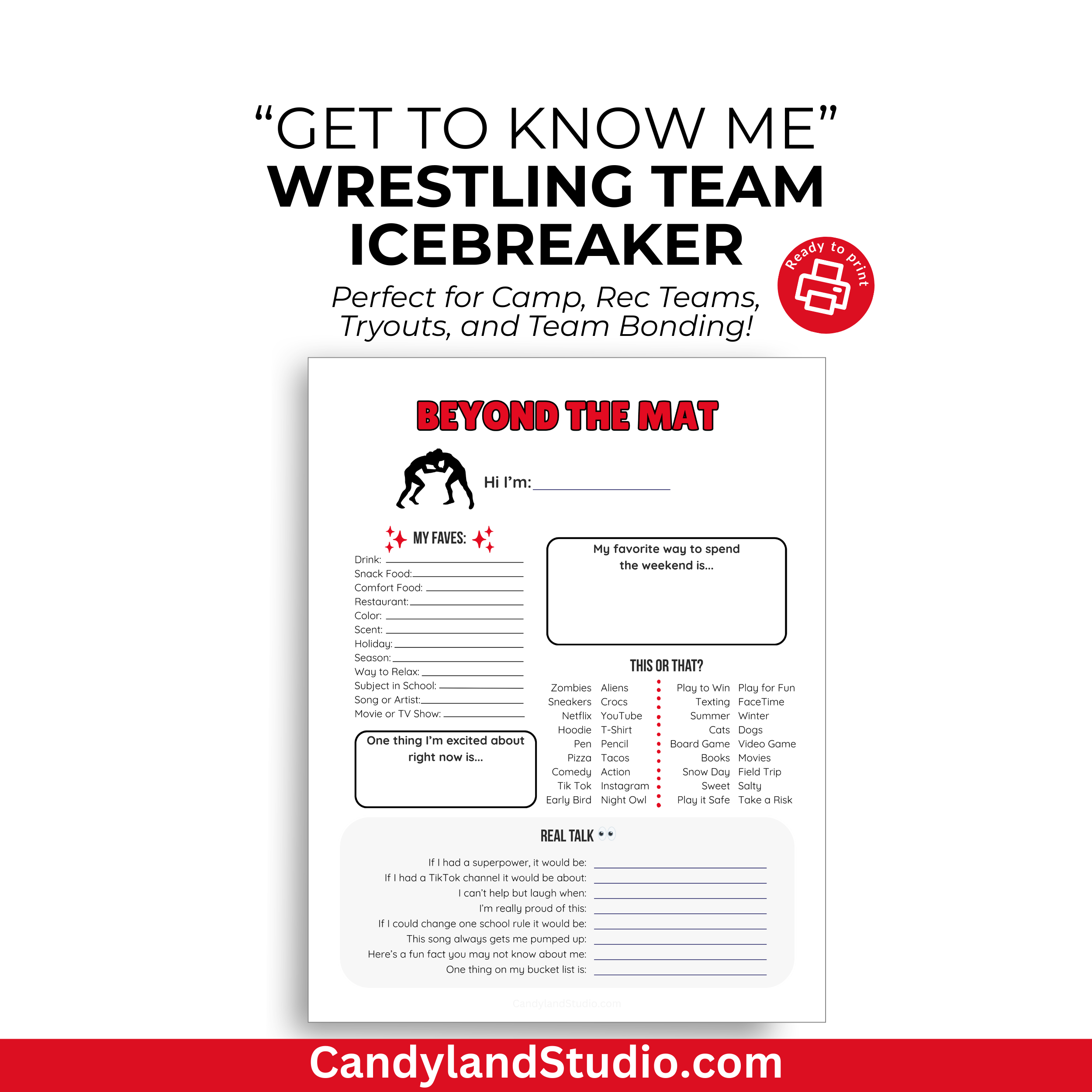 Wrestling Get to Know You Printable Activity Worksheet – Candyland Studio